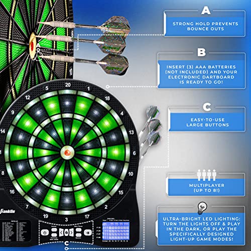 Franklin Sports Light Up Electronic Dart Board Set - LED Soft Tip Electric Dartboard with Digital Scoreboard - Adults + Kids Set - (6) Darts Included, Black/Green, 15"