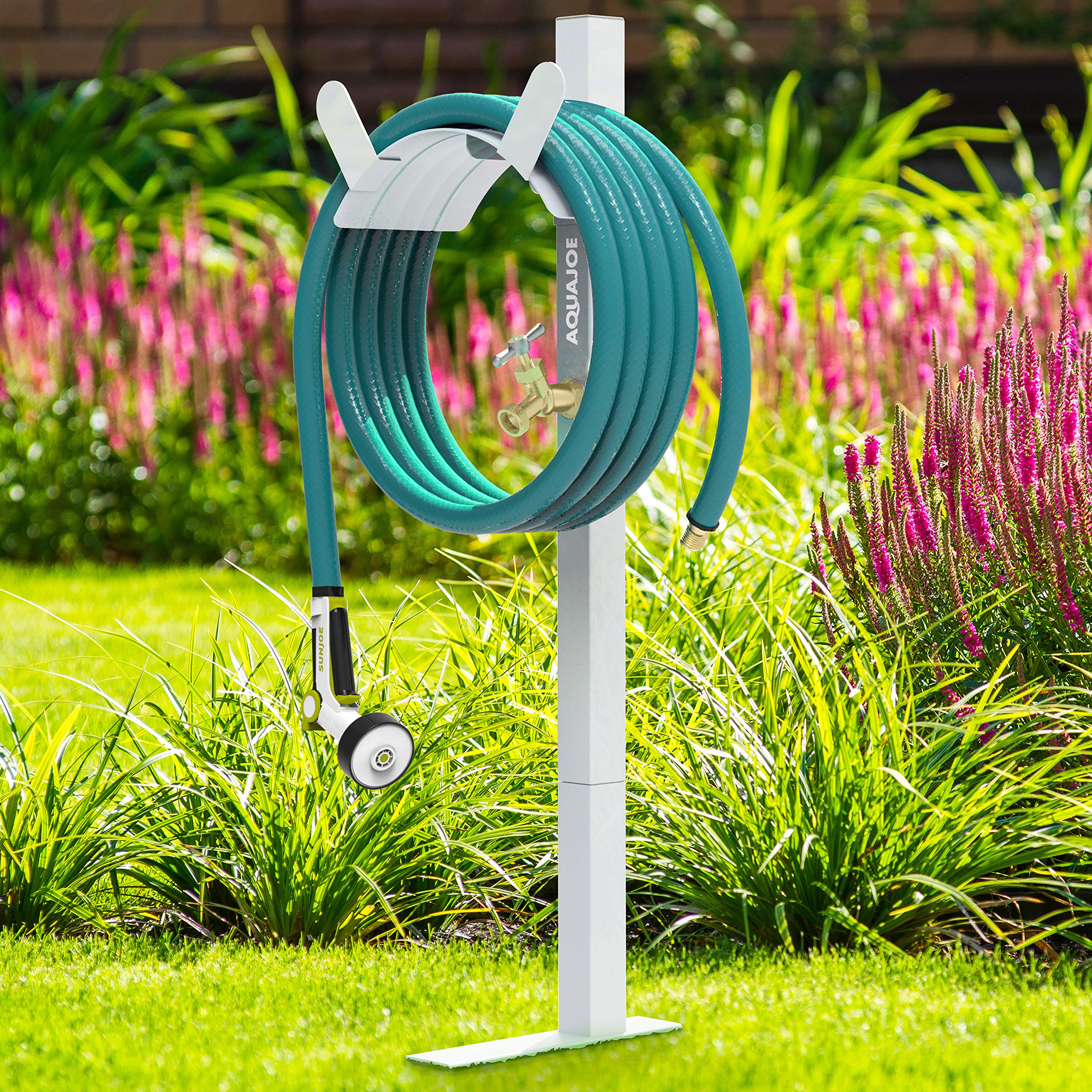 Aqua Joe SJ-SHSBB3LIH Garden Hose Stand with Brass Faucet and 3 ft Lead in Hose, Gray