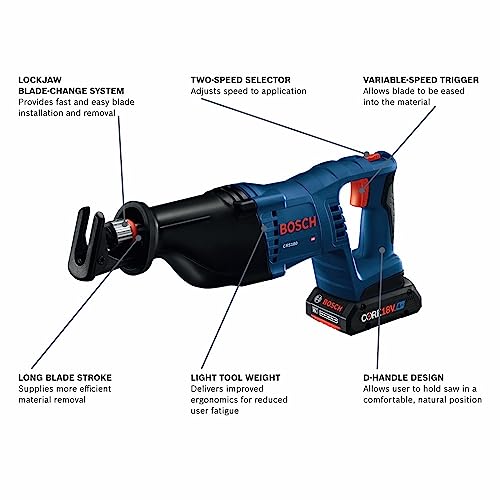 BOSCH CRS180-B15 18V 1-1/8 In. D-Handle Reciprocating Saw Kit with (1) CORE18V 4 Ah Advanced Power Battery