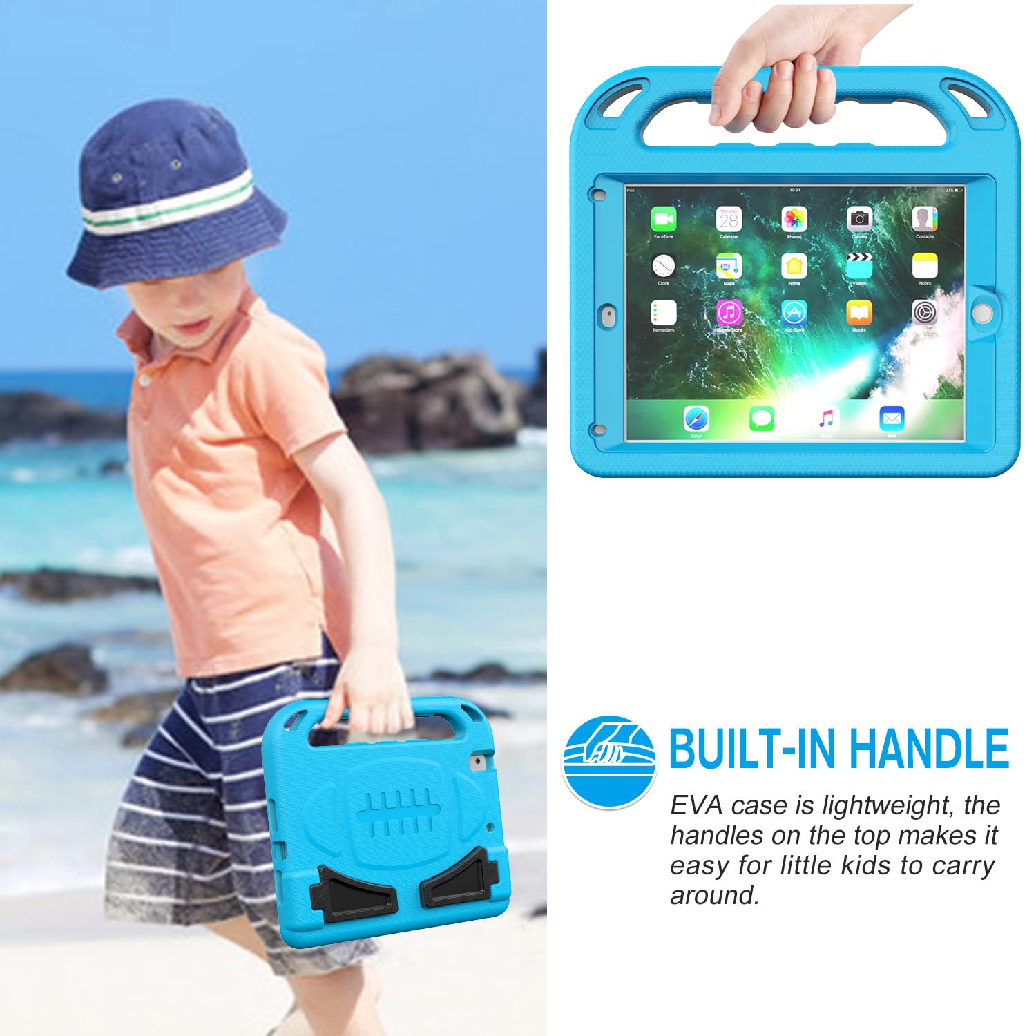 LEDNICEKER Kids Case for iPad 9.7 2018/2017 & iPad Air 2 - [Built-in Screen Protector][Light Weight Handle] Shockproof Stand Case for iPad 9.7 inch 2018(6th Generation) / 2017(5th Gen) - Blue