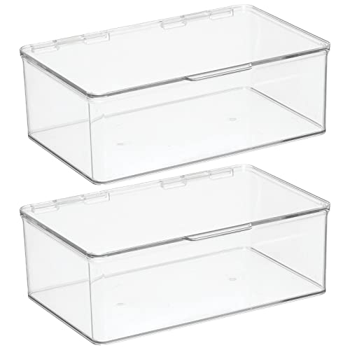 mDesign Plastic Kitchen Pantry and Fridge Storage Organizer Box Containers with Hinged Lid for Shelves or Cabinets, Holds Food, Snacks, Canned Drinks, Seasoning, Condiments, or Utensils, 2 Pack, Clear
