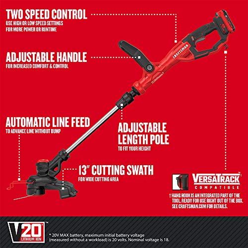 CRAFTSMAN V20 WEEDWACKER Cordless String Trimmer, 13β, Adjustable Pole Length, 2-Speed Control, Spool Included (CMCST900D1)