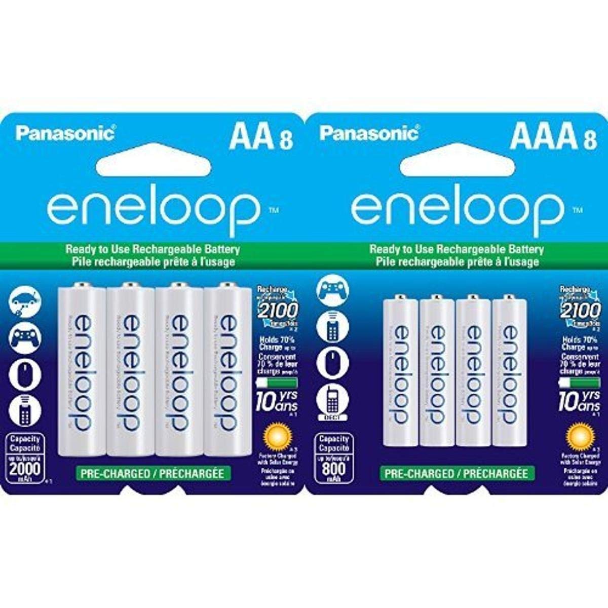 Panasonic Eneloop AA and AAA 2100 Cycle Ni-MH Pre-Charged Rechargeable Batteries Bundle (8 Pack of Each)