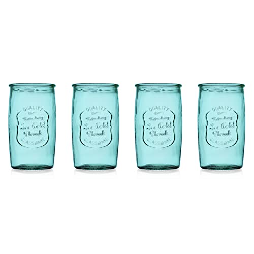 Glaver's Highball Glasses Set of 4 – 20oz Artistic Ice-Cold Pretty Blue Drinking Glasses – Vintage Glassware with Embossed Logo – Beverage Drinking Glasses for Water, Juice, Cocktails.