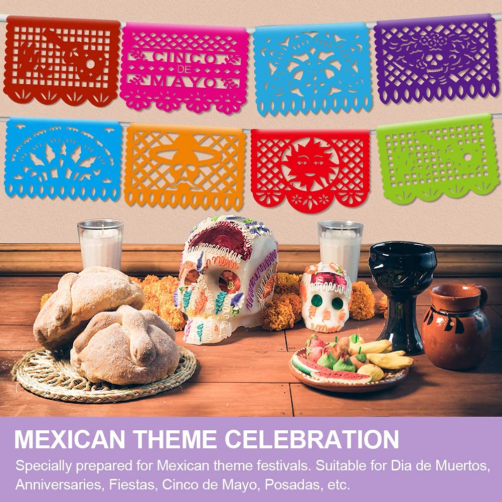 Asoulin 6 PCS 90 Ft Fiesta Party Decorations Mexican Party Banners, Cinco De Mayo Mexico Decor Easter Banner, Plastic Papel Picado, Dia De Los Muertos, Day of The Dead Decor, 12 Patterns/90 Feet Total