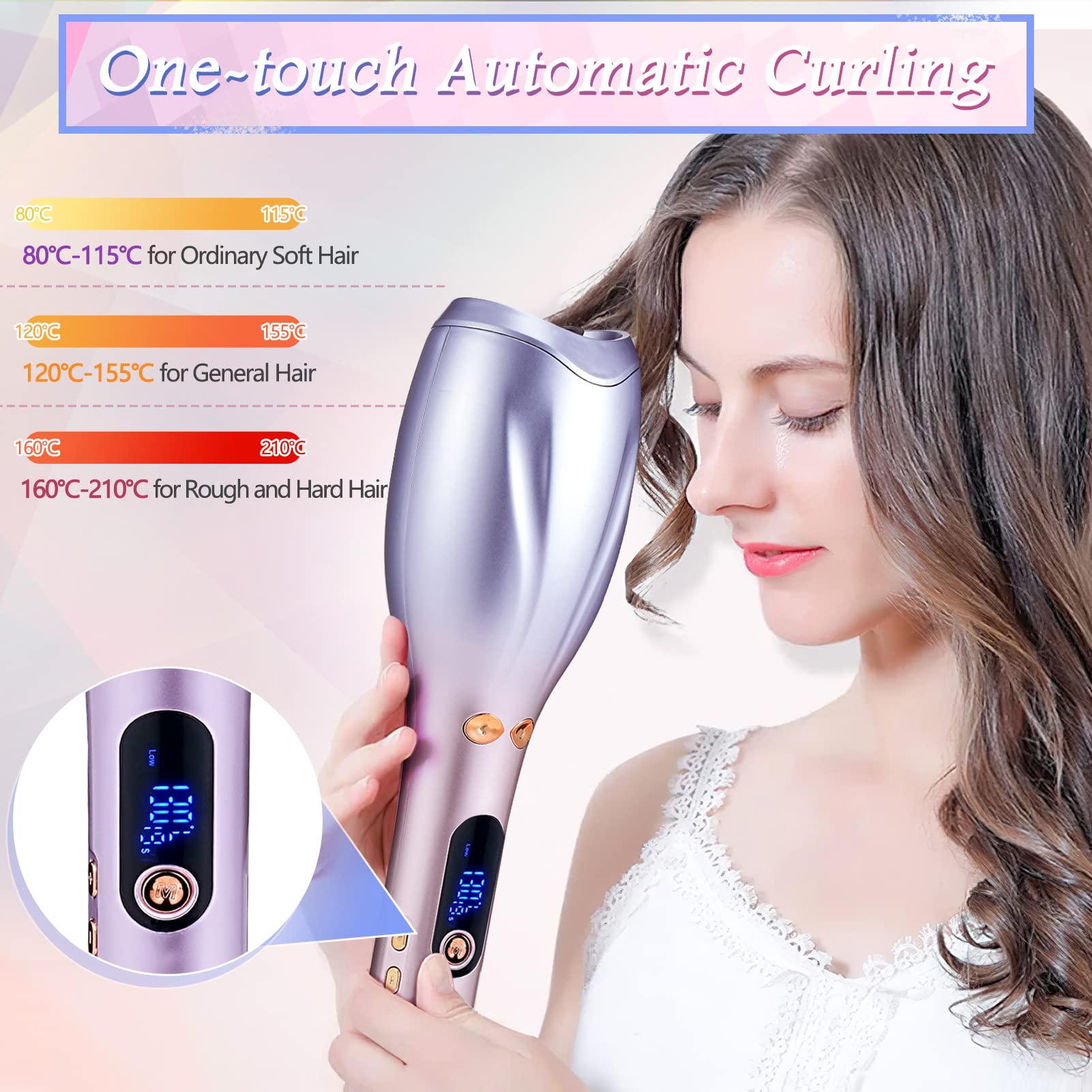 Augot Automatic Curling Iron, Portable Electric Curling Iron Hair Curling Wand with Adjustable Temperature and Timer, 30 Min Auto Shut-off, PTC Heating Automatic Hair Curler for Long Hair Styling Tool
