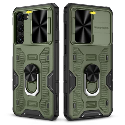 Caka for Samsung Galaxy S23 Case, S23 Case with Slide Camera Cover & Kickstand with Built-in 360° Rotate Ring Stand Magnetic Protective Case for Galaxy S23 5G- Green
