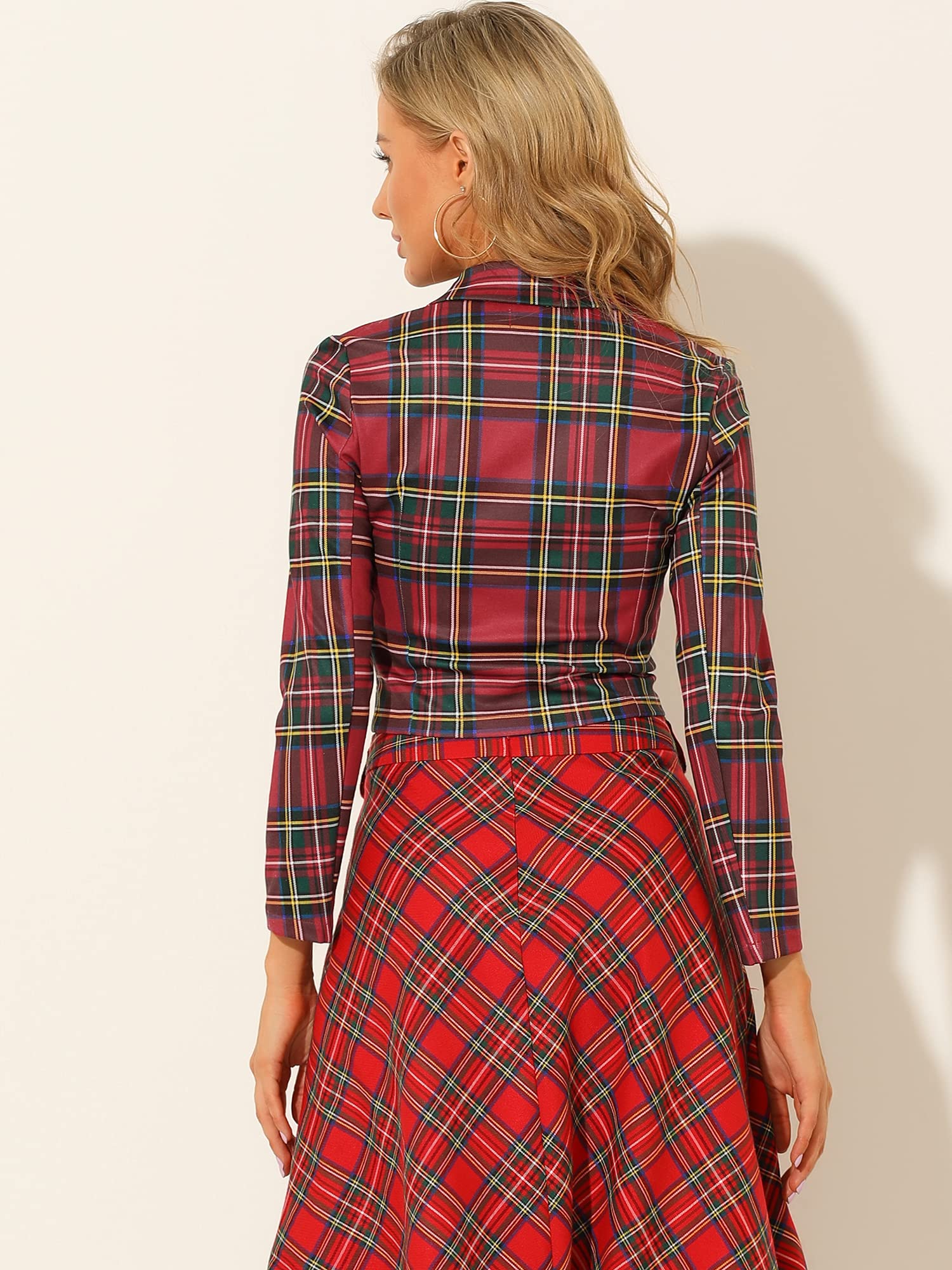 Allegra K Women's Notched Lapel Stretch Plaid Preppy Tartan Crop Blazer Small Red
