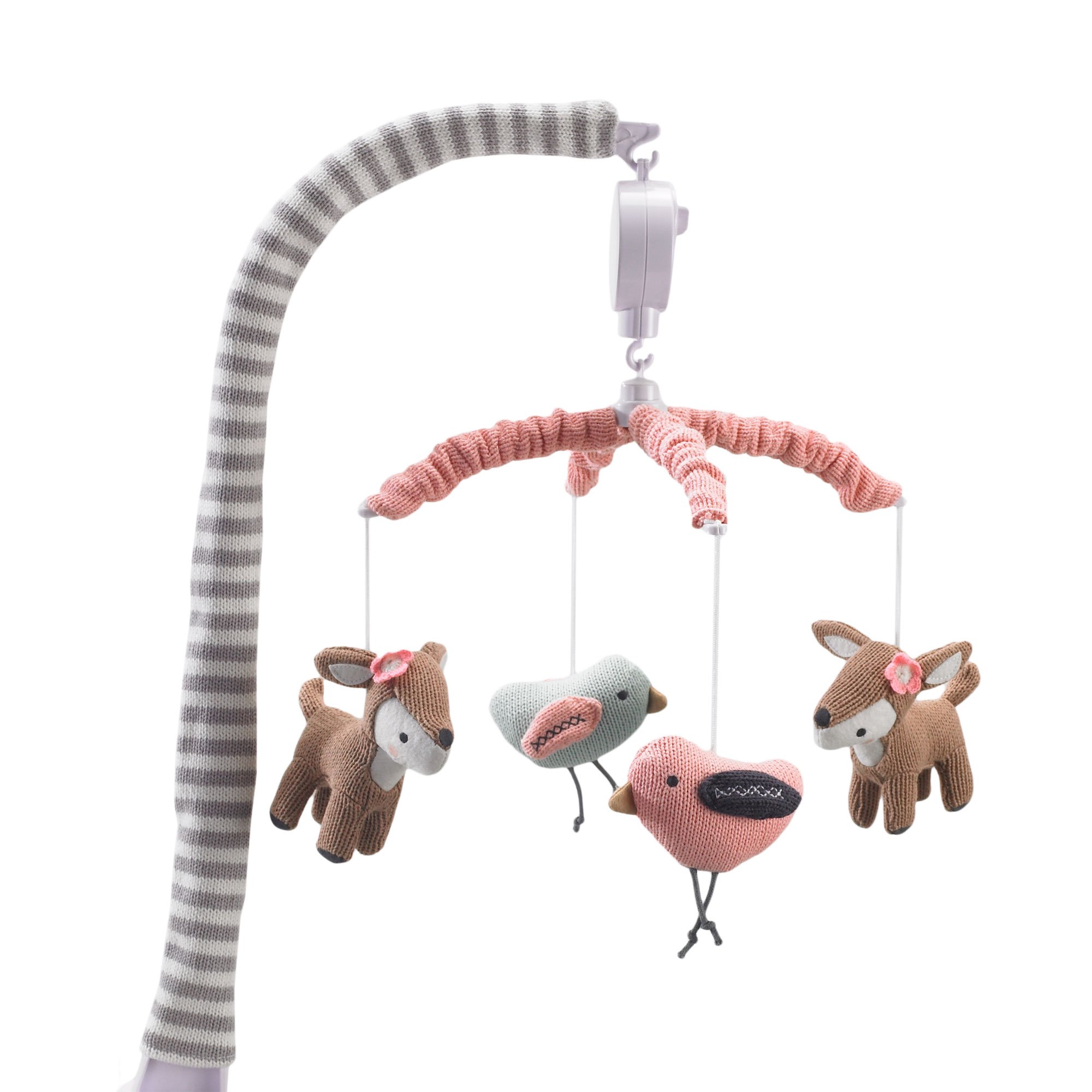 Lolli Living Baby Crib Musical Mobile w/Sparrow & Deers - Knitted Woodland Bird Safari Animal Characters | Hanging Decor w/Electronic Music Box for Newborn & Nursery Bedding/Crib | Baby Girl