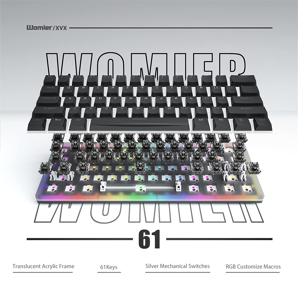 XVX Womier K61 60% Mechanical Keyboard with PBT Pudding keycap, Hot Swappable Keyboard, Partitioned RGB Keyboard, Dark Phoenix for PC PS4 Xbox (Black, 61 Keys, Silver Switch)