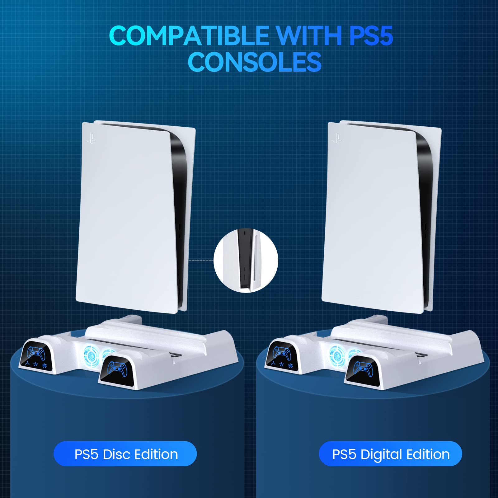 DAICEL PS5 Station with Charger for DualSense Controllers, Dual Cooling Fan Stand for PS5, Dock Accessories Compatible with PS5, Remote Holder and 11 Games Storage for PS5 Vertical Stand (White)