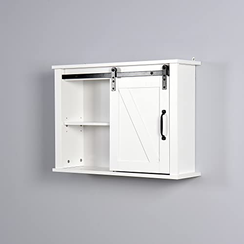 Bathroom Wall Mounted Cabinet with Sliding Doors, Farmhouse Wood Hanging Cabinet, Rustic Medicine Cabinets with Adjustable Shelf Over The Toilet, Bathroom Wall Cabinet for Kitchen, Bathroom (White2)