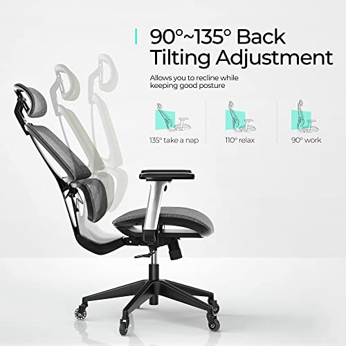 LINSY HOME High-Back Office Chair, Swivel Ergonomic Task Chair with Adjustable Headrest and Arms, Lumbar Support and PU Wheels, Computer Mesh Chair for Home Office, Dark Grey