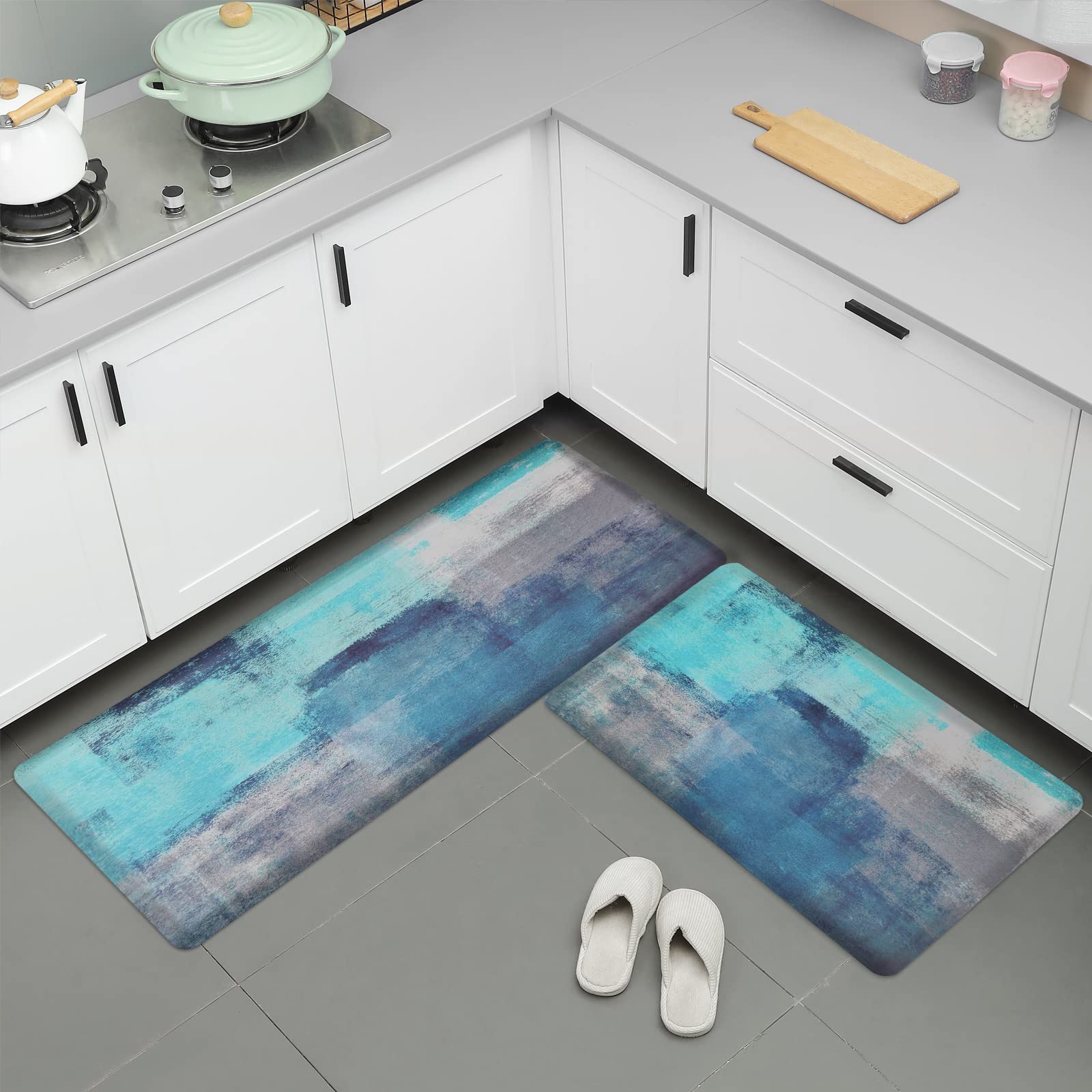 ASPMIZ Kitchen Mat 2 PCS - Cushioned Anti-Fatigue Kitchen Rugs Non Slip Memory Foam Kitchen Mats and Rugs Turquoise Kitchen Floor Comfort Mats for Home, 18'' x 48'' + 18'' x 30'', Beveled Edge