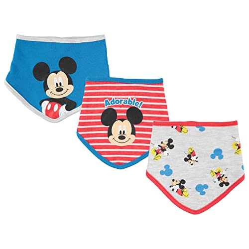 Disney Baby Unisex Mickey Mouse Bandana Bib 3-Pack - Mickey Mouse Baby Bibs (Blue/Red/Grey, 0-12M)