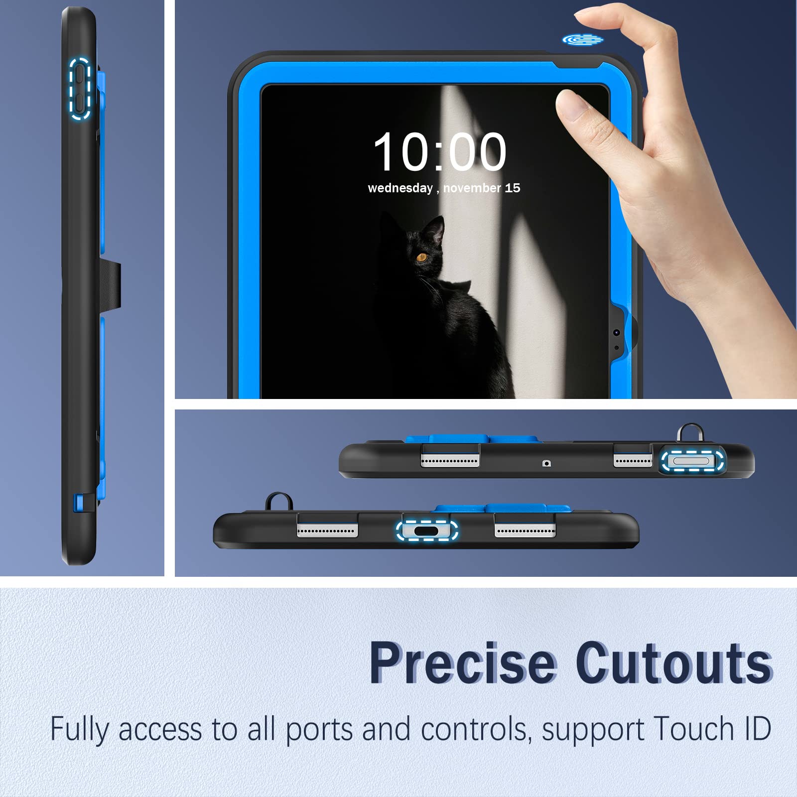 Auizotl 10th Generation Case, Kids Friendly Case 10th Generation with Pencil Holder Shoulder Strap Kickstand, Heavy Duty Shockproof 10th Gen Case 10.9 Inch for Kids 2022, Black Blue