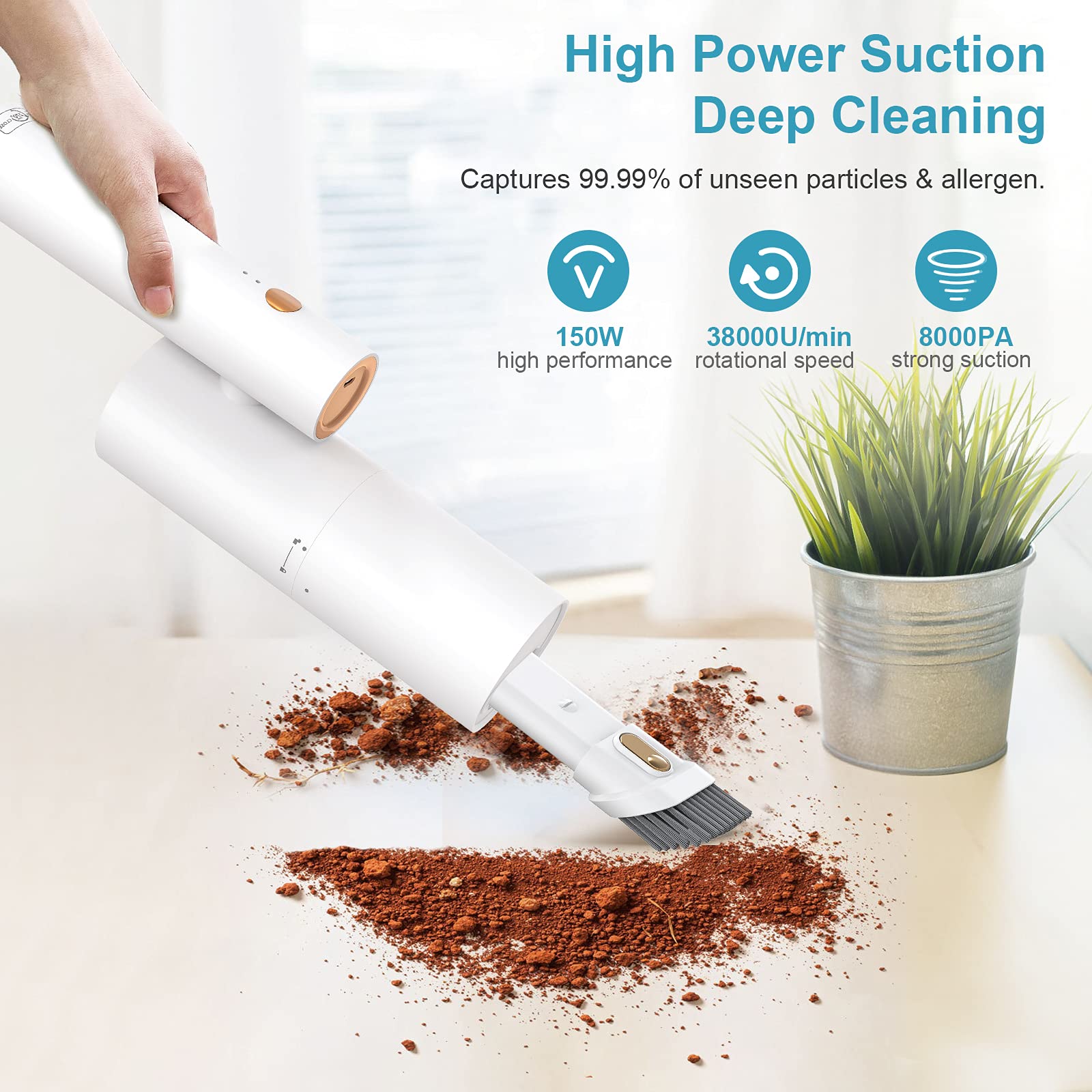 Handheld Vacuum, Mini Vacuum, Hand Vacuum Dust Buster with 8000Pa Strong Suction, 150W High Power, USB Rechargeable 270-Degree Rotatable Cordless Portable Vacuum for Home Office and Car