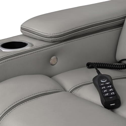 Armen Living Octavia Modern Zero Gravity Power Reclining Heated Massage Sofa, 86" Wide, Silver and Gray Top Grain Leather