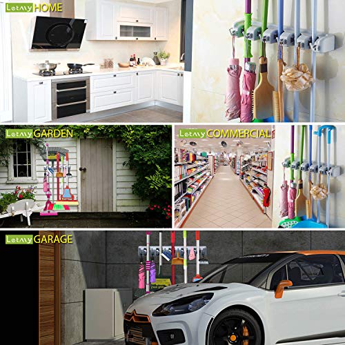 LETMY Broom Holder Wall Mounted - Mop and Broom Hanger Holder - Garage Storage Rack & Garden Tool Organizer - 5 Position 6 Hooks for Home, kitchen, Garden, Tools, Garage Organizing