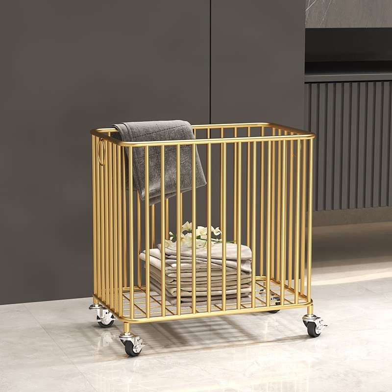 Rolling Laundry Hamper with Wheels,Large-size Metal Laundry Basket Cart,Clothes or Linen Storage Organize Hamper Bin for Living Room,Bathroom,Closet or Children Bedroom,Gold