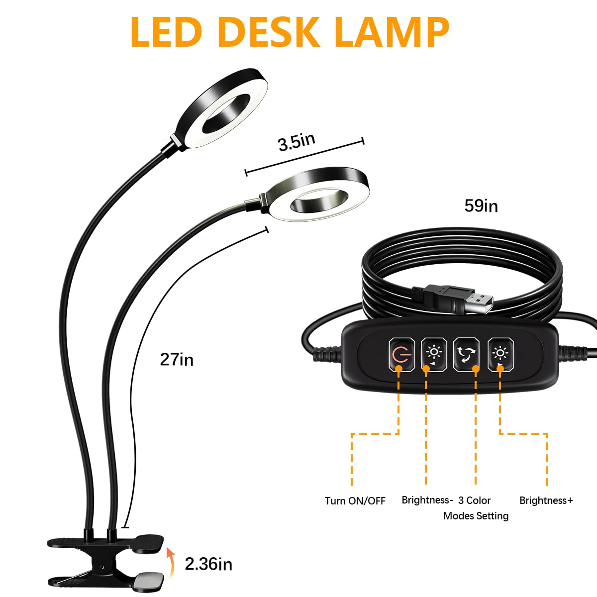 AWLYLNLL LED Desk Lamp with USB Adapter, Eye-Caring Gooseneck Ring Light, 3 Modes 10 Brightness Adjustable 10W Desk Light for Makeup Reading Bed Headboard (Metal)