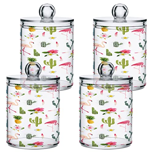 Blueangle 4PCS Tropical Flamingo Cactus Qtip Holder Dispenser with Lids - Apothecary Jar Containers for Vanity Organizer Storage - Plastic Food Storage Canisters(702)