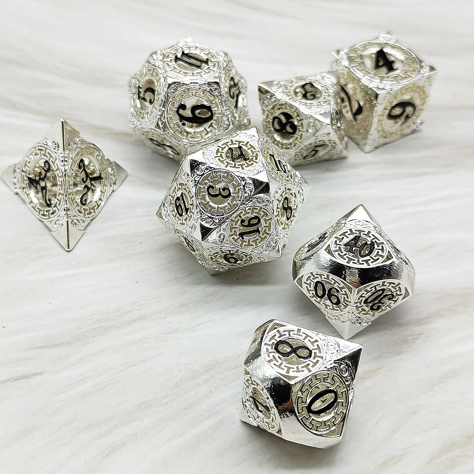 Metal Dice Set 7pcs DND - Table Game RPG Hollow Dice Silver and Black, with Metal Gift Box, Suitable for Dungeon and Dragon D&D MTG, Math Teaching, Polyhedron D4 D6 D8 D10 D10% D20