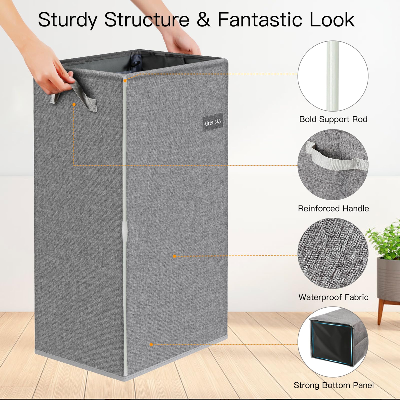 Airensky Double Laundry Hamper Collapsible Laundry Basket，145L Clothes Hamper 2 Section with Bag Removable for Clothes and Toys Storage, Dirty Hampers for Bedroom, Bathroom, Dorm，Gray