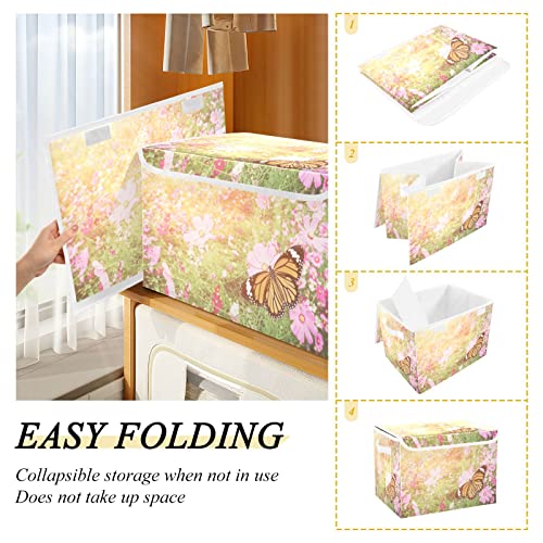 Blueangle Collapsible Storage Boxes 1 Pack, Cosmos Flower Field Butterfly Storage Baskets with Lids and Handle for Home Bedroom Closet Office（78）