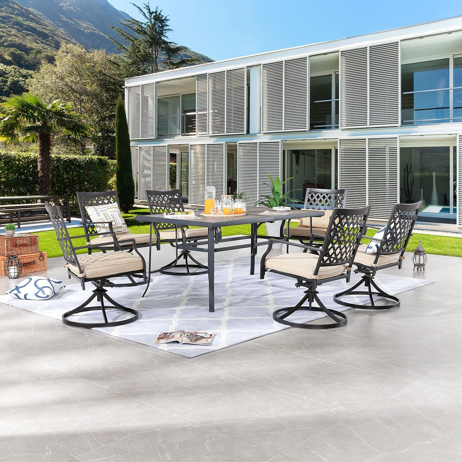 LOKATSE HOME Patio Swivel Set of 6 Dining Chair Metal Bistro Set with Cushion, 6Pcs, Beige