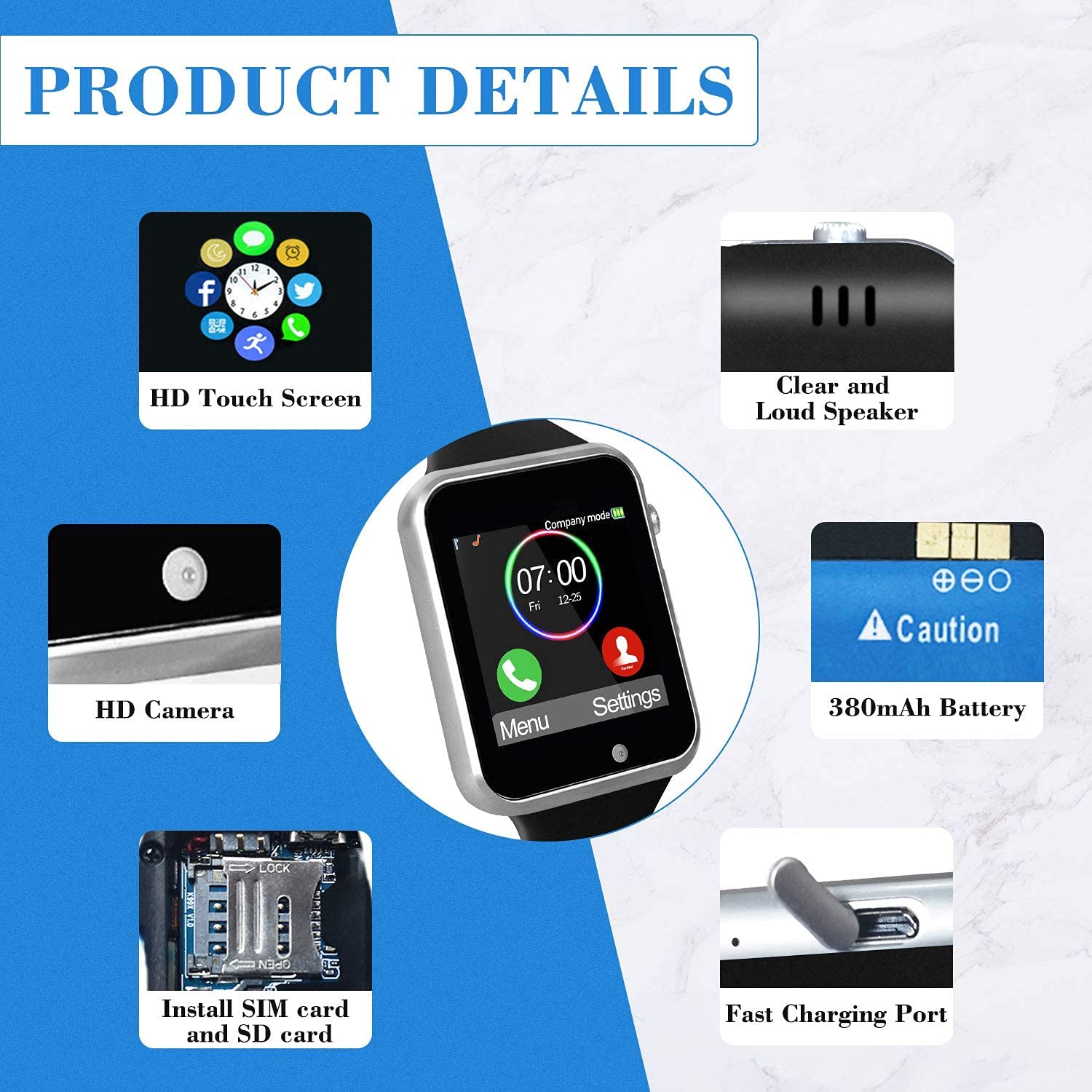 Bluetooth Smart Watch A1 Bluetooth GSM SIM Phone Smart Watch for Android Smart Phones (Silver)