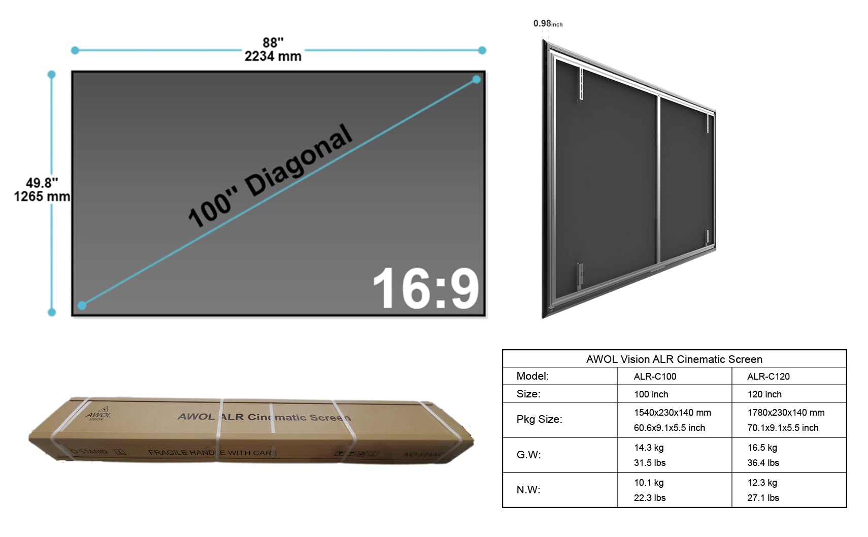 AWOL VISION 100" UST Projector Screen for Bright Day Light Using, 85% Ambient Light Rejecting (ALR) Fresnel Projector Screen for Ultra Short Throw Projector, Fixed Frame, Active 3D, HDR -D100