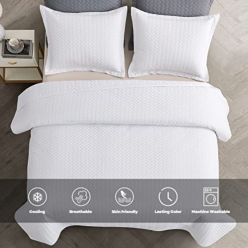 Maple&Stone Summer Quilt Set Queen Size, Lightweight White Bedspread Ultrasonic Chevron Pattern Light Coverlet for All Season Comforter Bedding Decor - 3 Piece Full Bed Cover Sets