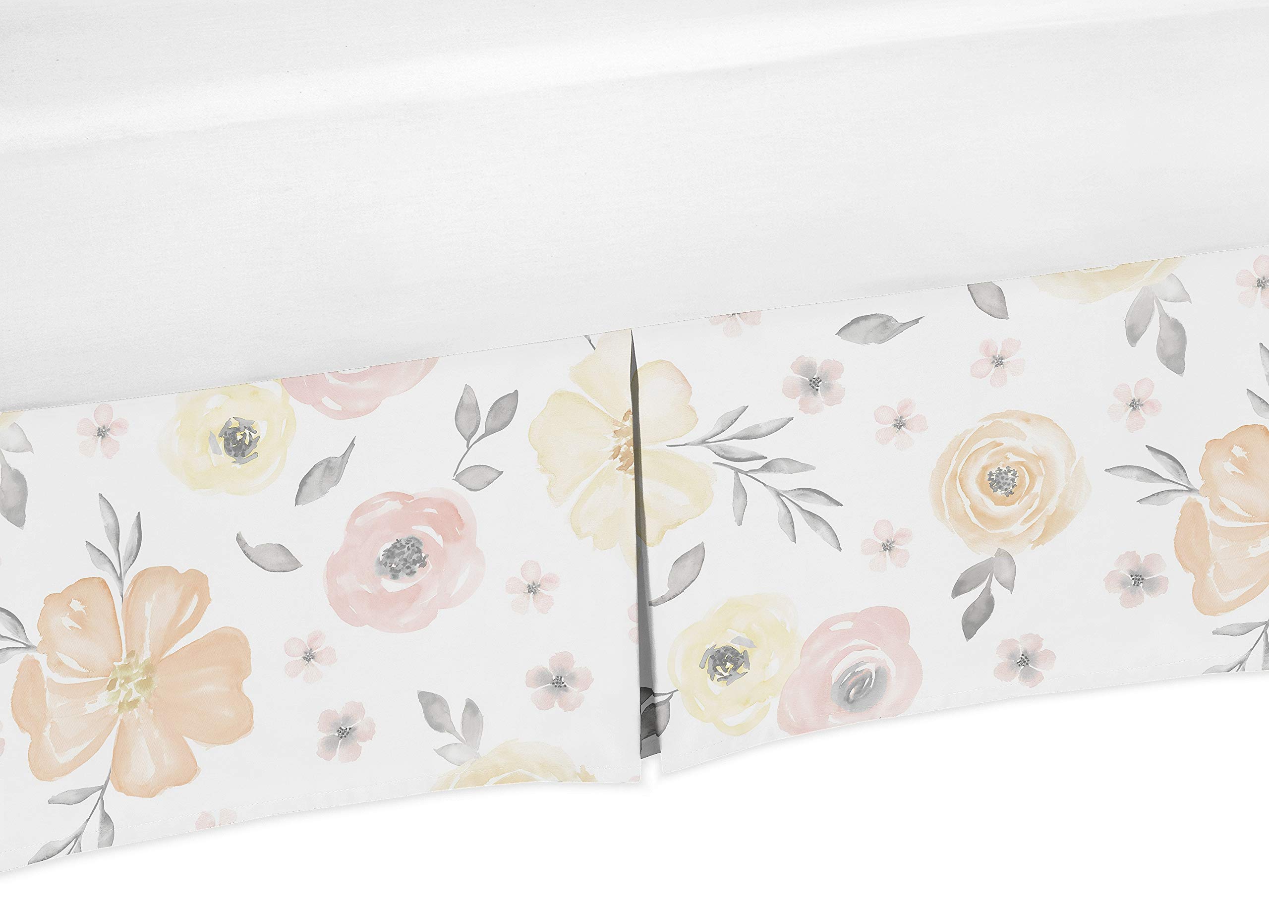 Sweet Jojo Designs Yellow and Pink Watercolor Floral Girl Baby Nursery Crib Bed Skirt Dust Ruffle - Blush Peach Orange Cream Grey and White Shabby Chic Rose Flower Farmhouse