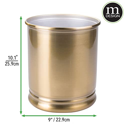 mDesign Steel Stylish Round Trash Can, Wastebasket Storage Container Bin - for Bathroom, Bedroom, Powder Room, Kitchen, Home Office - Holds Garbage, Waste, Trash - 2 Pack - Soft Brass