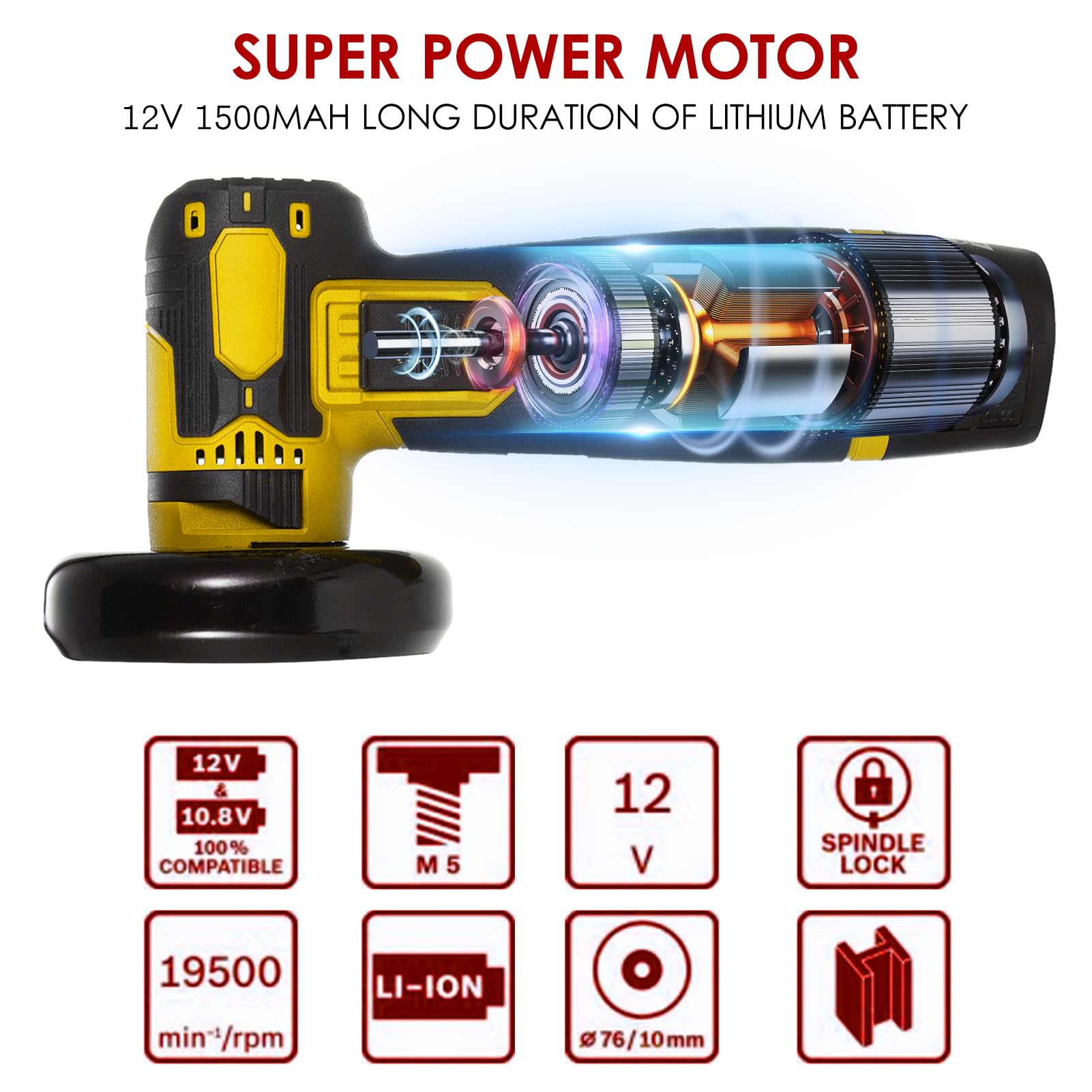Aumotop Cordless Brushless Angle Grinder Kit, Grinding Disc 3in/76mm, 19500rpm Mini Lightweight Electric Grinding Tool Handheld Cutter with 2 PCS 12V1500mAh Batteries & 6PCS Cutting Discs