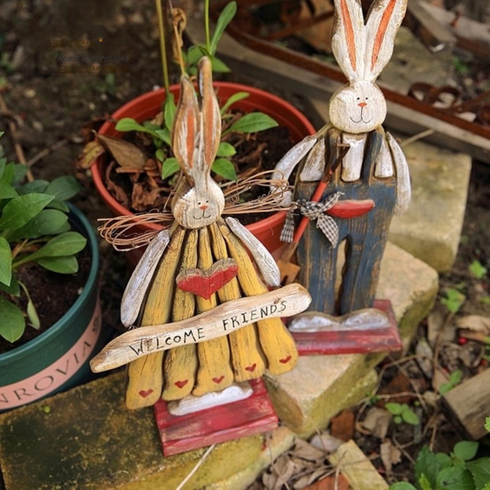 HANTURE 2pcs Easter Wood Bunny Tabletop Ornaments Farmhouse 15 Inch Cute Rabbit Couple Figuri Brownyellow