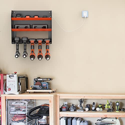 WALMANN Power Tool Organizer Wall Mount, Cordless Drill Holder with 5 Slots and 2 Solid Bottom Shelves, Power Tool Storage Rack for Garage, Home, Shed Father's Day Gift