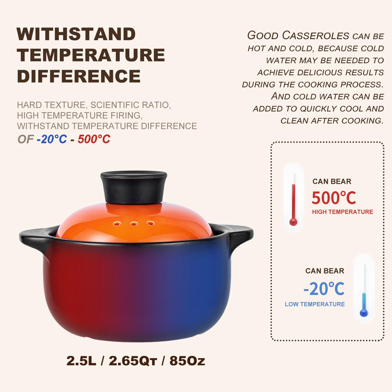 Aroplor 2.65Quart Ceramic Casserole Nonstick stockpot with Lid Red Round Casserole Skillet,Earthen Pot/Ceramic Cookware with Lid,Uniform Heating,Oven Safe,Heat Resistant, Cooking Rice Soup