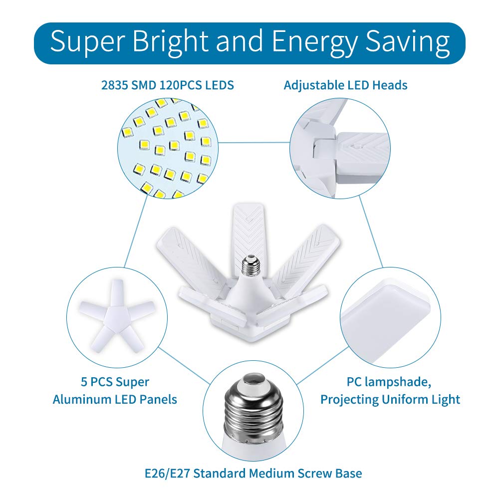 ALOVECO LED Garage Lights, LED Garage Ceiling Lights 60W 6000LM, E26/E27,CRI 80, 6000K Daylight White with 5 Adjustable Panels, Deformable LED Shop Lights for Garage Warehouse Workshop Basement…