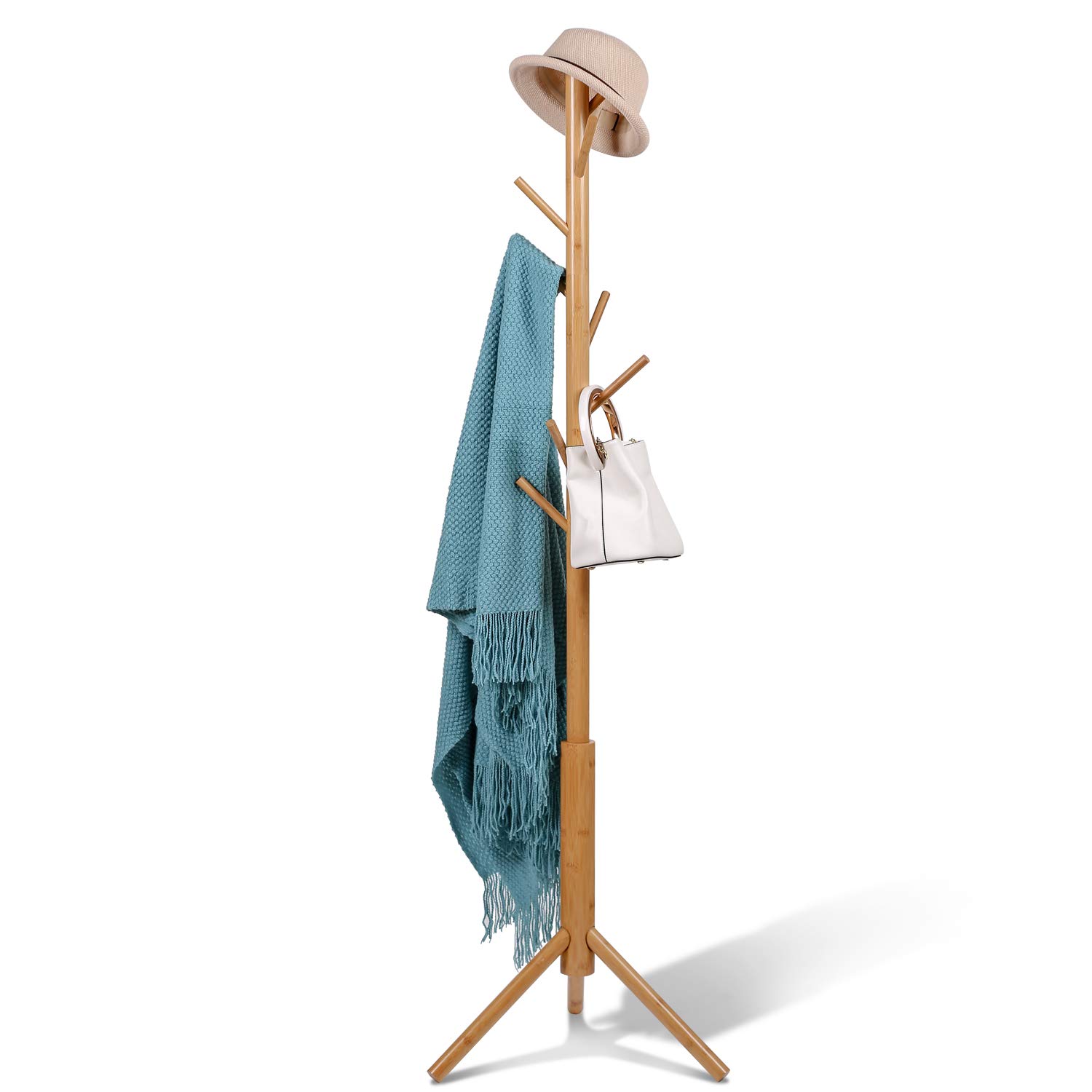 BMOSU Coat Rack freestanding Stand Bamboo Wooden Coat Tree 8 Hooks 3 Adjustable Standing Jackets Hanger Hallway Corner Parlor(Nature)