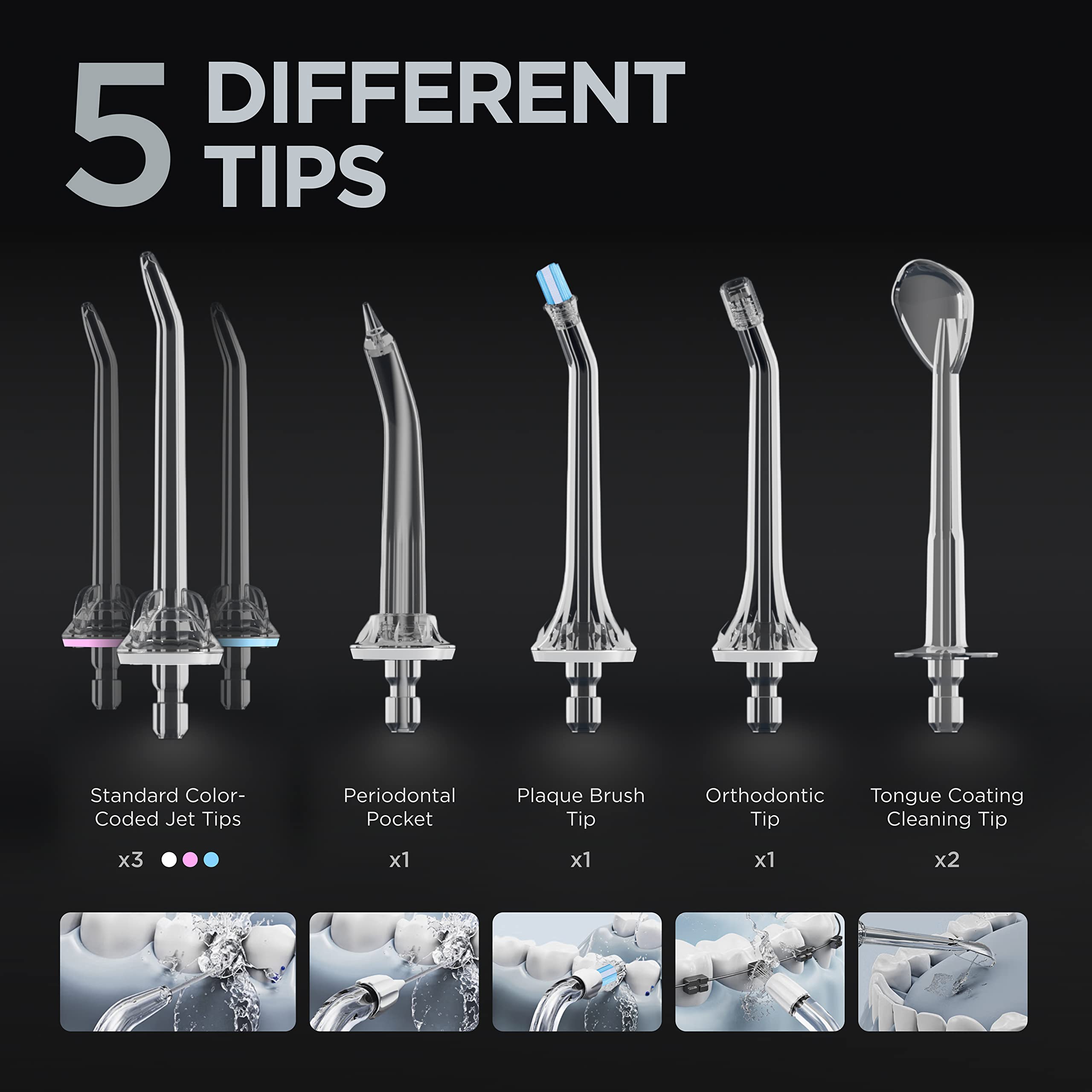 AROVEA Water Flosser, 5 Professional Modes, 8 Replaceable Jet Tips - IPX7 Waterproof, Powerful Rechargeable Battery Life, Oral Dental flosser for Home Travel