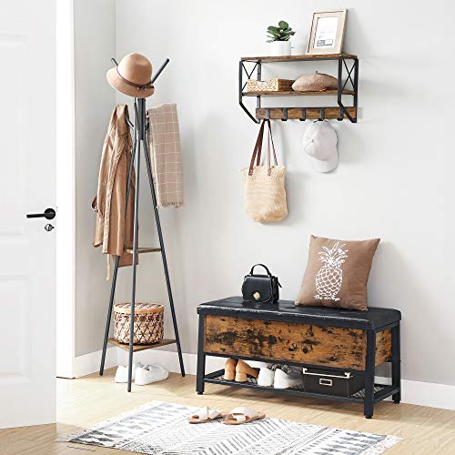 VASAGLE Industrial Storage Bench, Bed End Stool with Padded Seat and Metal Shelf, Sturdy Steel Frame, 39.4”L x 15.7”W x 18.5”H (100 x 40 x 47 cm), Rustic Brown + Black