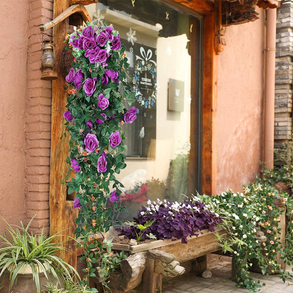Haoyuetch 2PCS Artificial Rose Vine Flowers with Green Leaves,3Ft Hanging Rose Ivy Plants for Home Wedding Party Garden Wall Decoration (Purple)