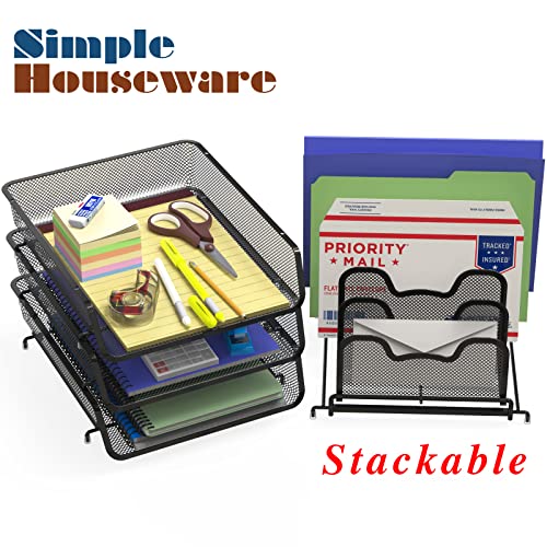 SimpleHouseware 3-Pack Stackable Desk File Document Letter Tray w/ 5 Compartments Step File Organizer, Black