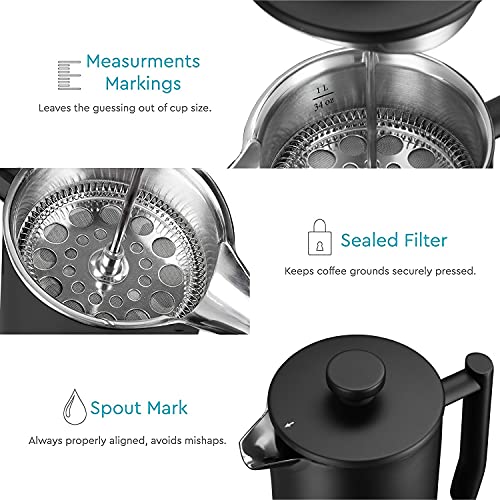 French Press Coffee Maker - Double Wall Insulated 304 Stainless Steel Coffee Maker 4 Level Filtration System - 2x Filter & Coffee Spoo Coffee Press Tea Makrer, 34oz (1 Litre) - Black