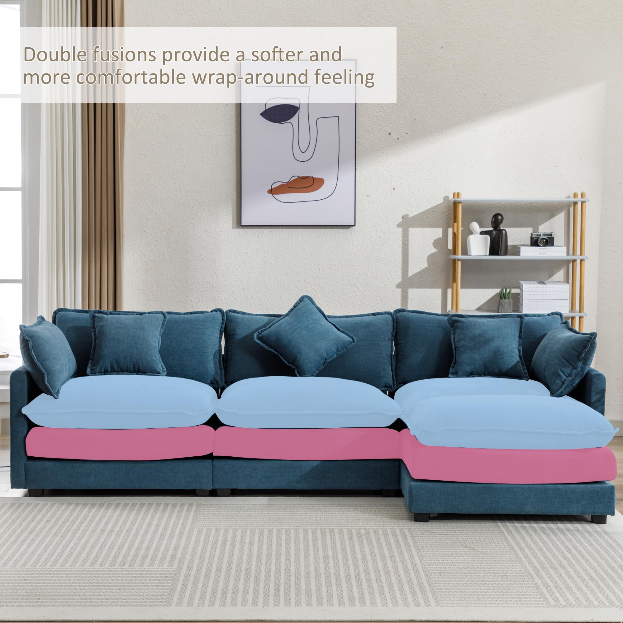 GNIXUU 111.4" Oversized Chenille L Shaped Sectional Sofa Couch, Modern Large Cloud Sectional Couch Set with Ottoman, Comfy Overstuffed Modular Sofa Sleeper for Living Room, Apartment(Gray)