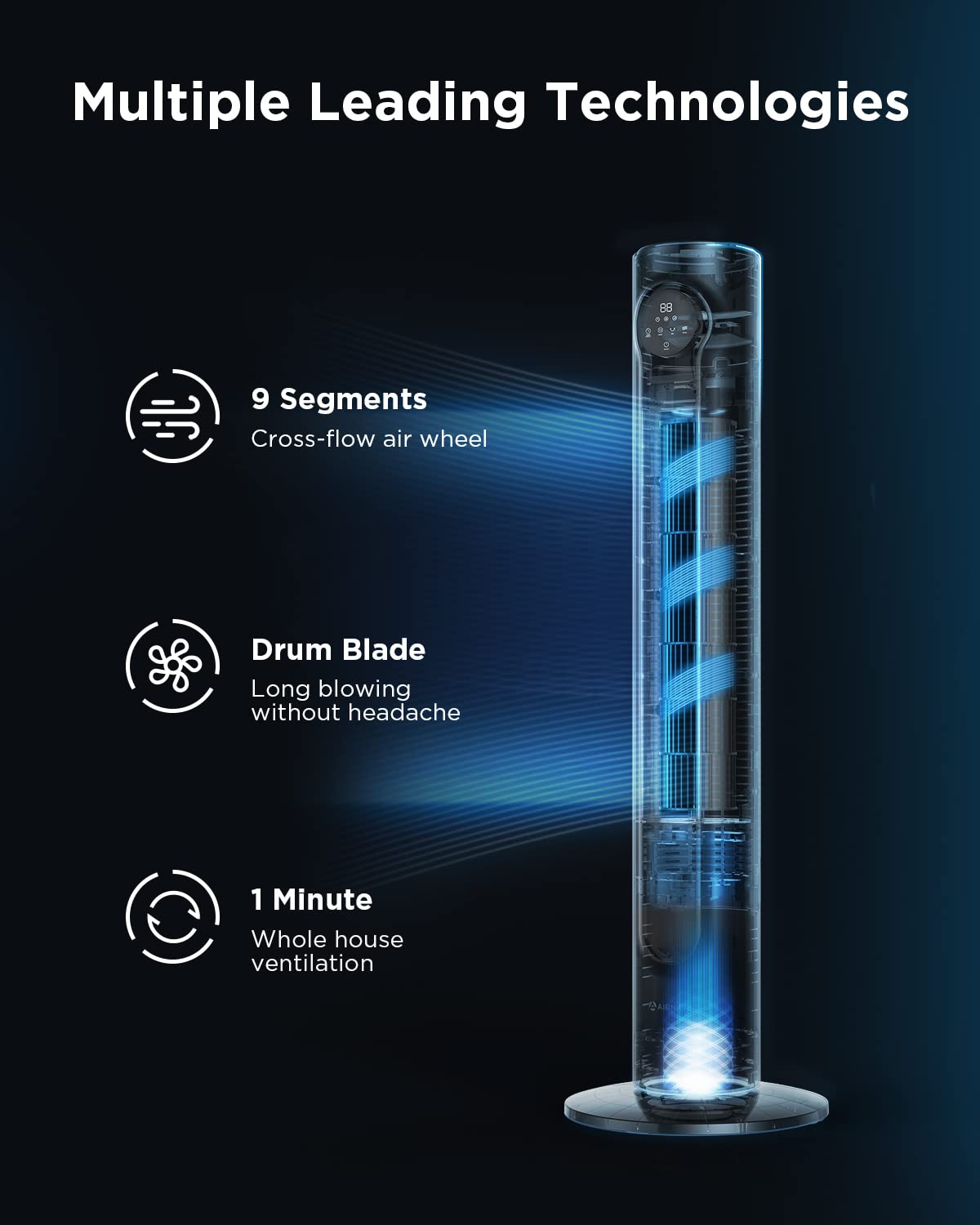 AIRMATE Tower Fan with Remote, 42in Silent Oscillating Fan, Bladeless Standing Fan, 3 Modes 8 Speeds, LED Display Touchpad Multifan, 8H Timer Floor Fan for Bedroom Home Office Portable
