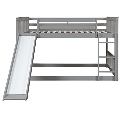 HomSof Solid Wood Full Over Full bunkbed with Slide,Full-Length Safety Guardrails,No Box Spring Needed,Grey