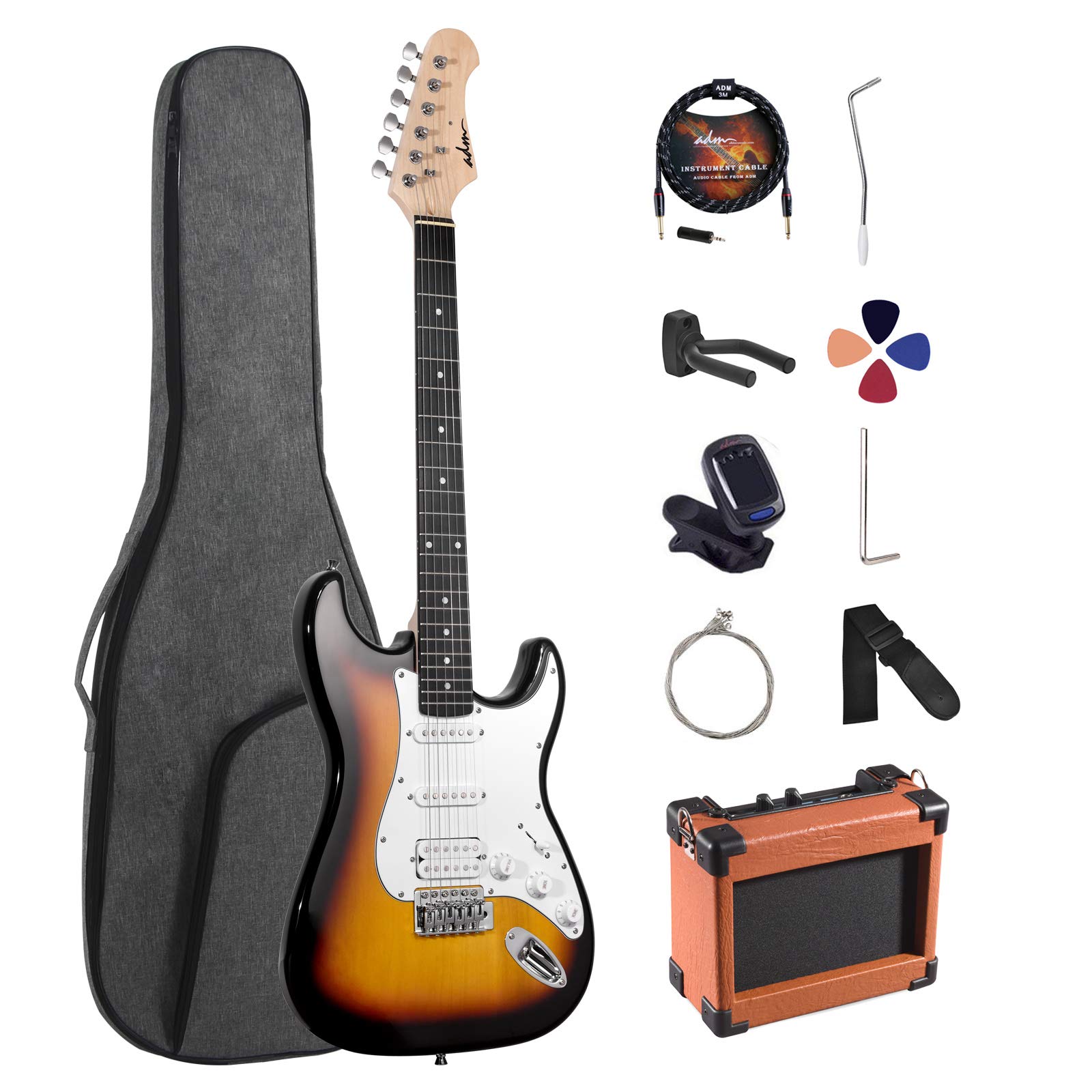 ADM Electric Guitar Beginner Kit 39 Inch Full Size Sunburst, Starter Package with Amplifier, Bag, Strap, String, Tuner, Cable and Picks (Sunburst)